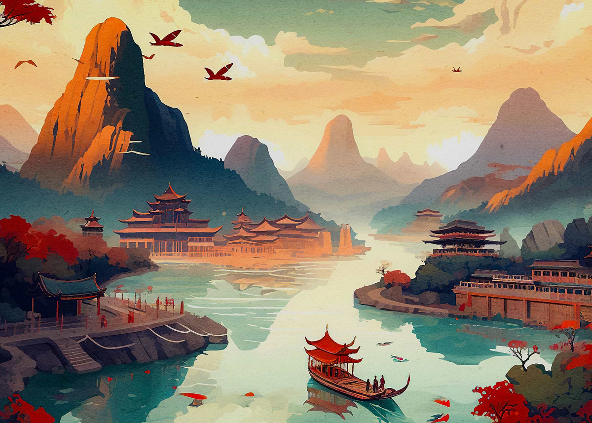 'Vintage Chinese Landscape ' Poster, picture, metal print, paint by ...