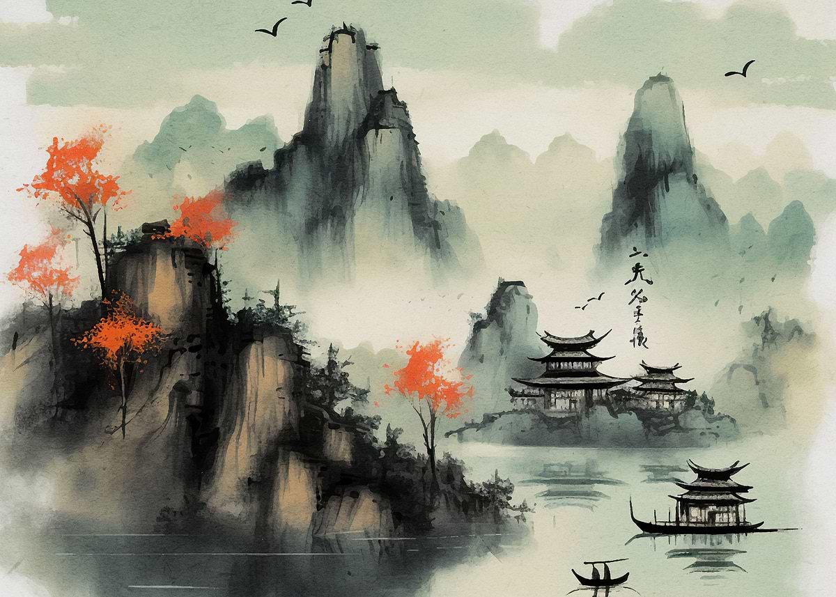 'Vintage Chinese Landscape ' Poster, picture, metal print, paint by ...