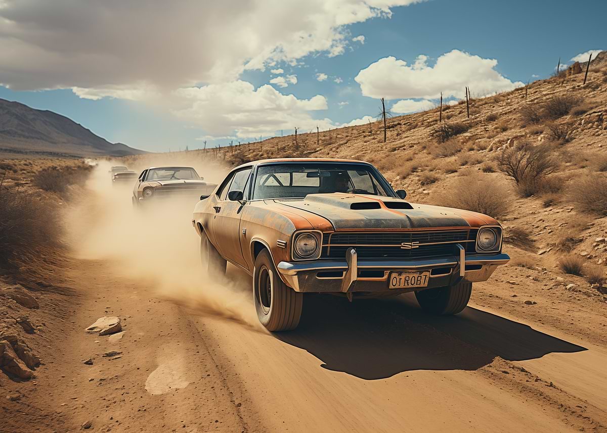 'muscle car on desert' Poster, picture, metal print, paint by Yuki ...