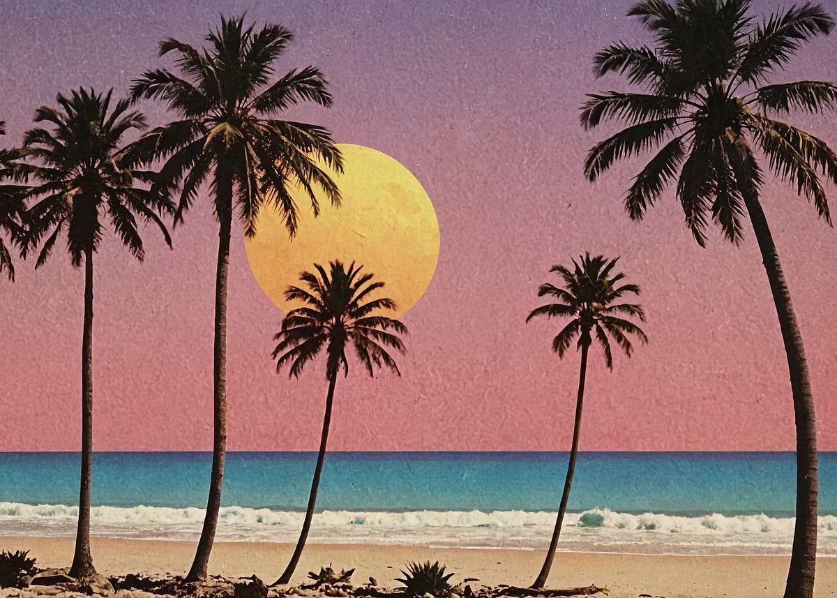 'Retro beach with palms' Poster, picture, metal print, paint by ...