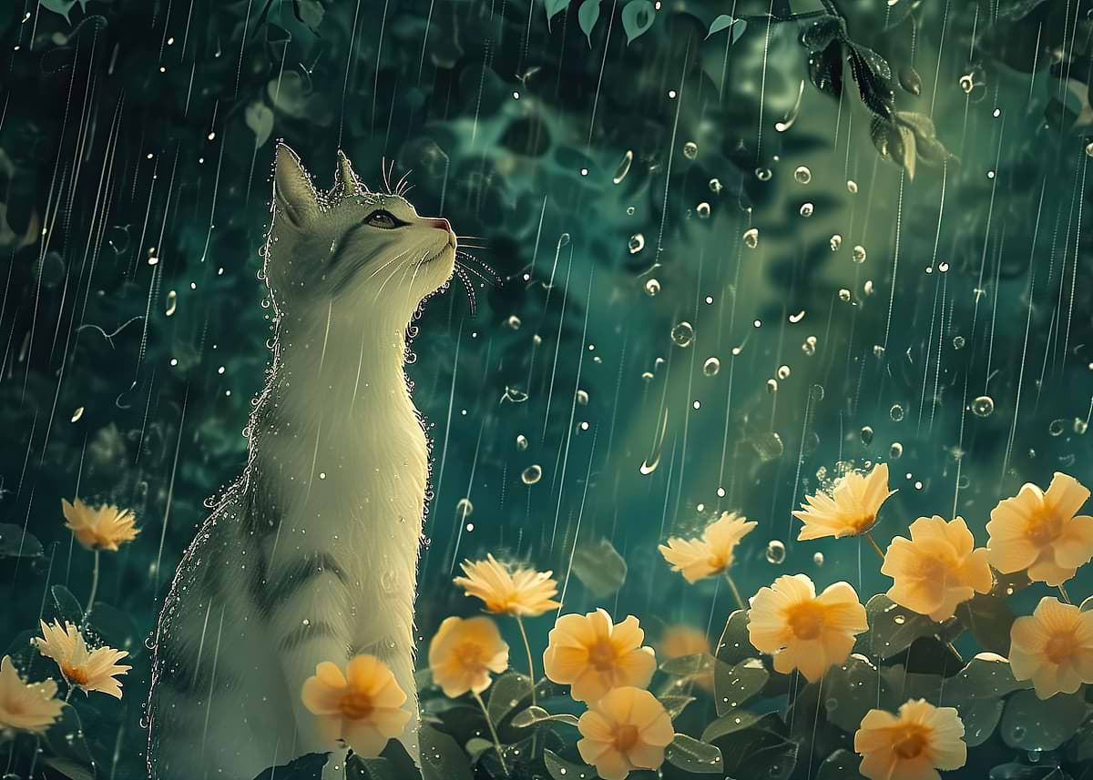 'Garden Cat in the Rain' Poster, picture, metal print, paint by An Art ...