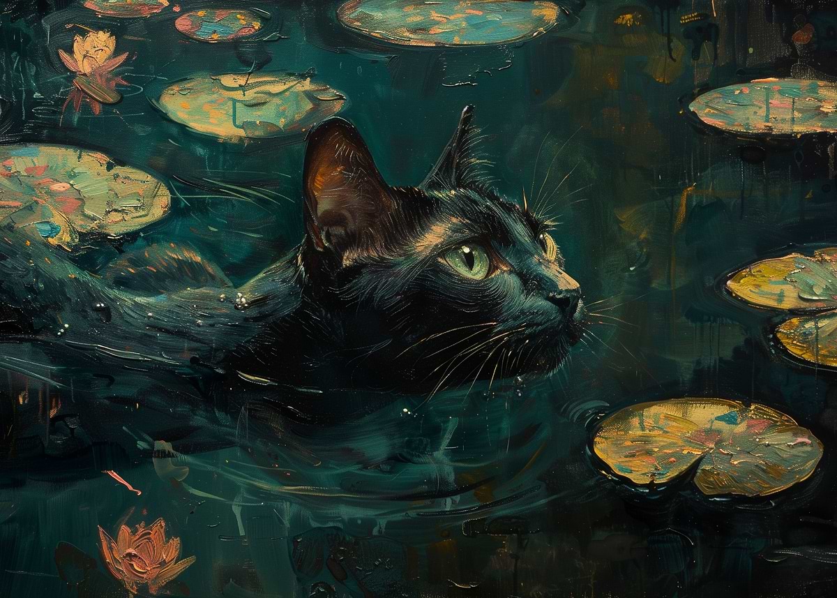 'Monet Cat Waterlilies' Poster, picture, metal print, paint by Ying ...