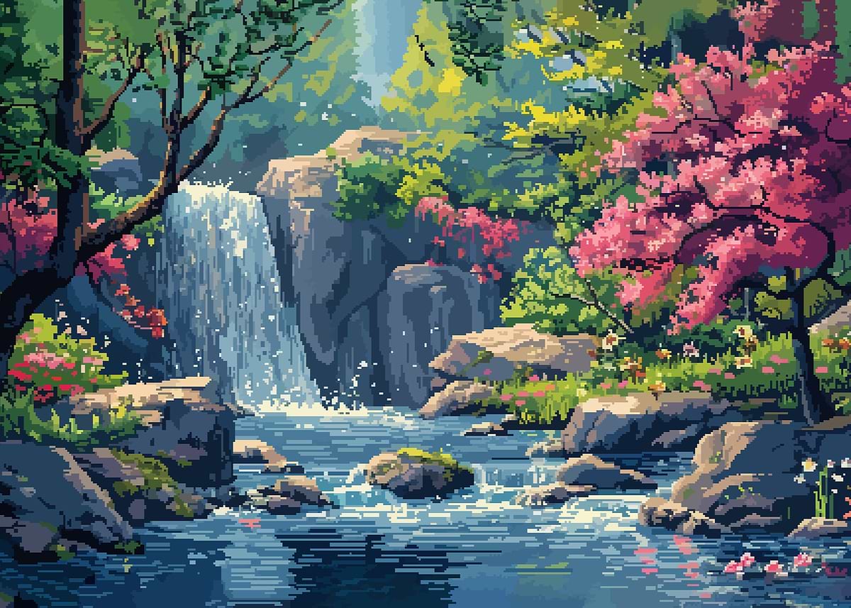 'Spring Waterfall Pixel Art' Poster, picture, metal print, paint by ...