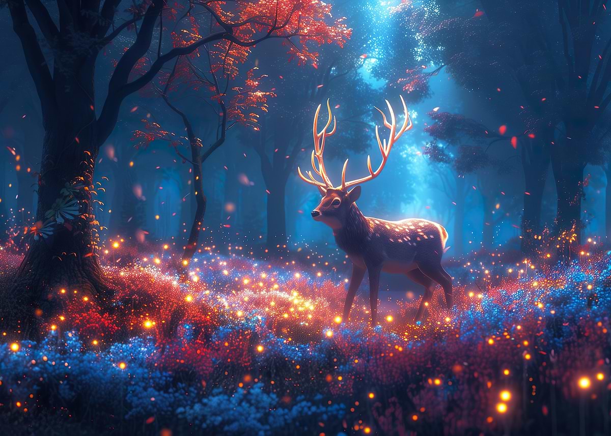 'Deer In Firefly Forest' Poster, picture, metal print, paint by ...