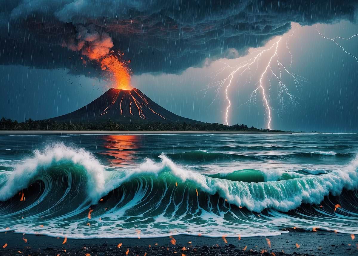 'Volcano Erupting in Storm' Poster, picture, metal print, paint by LP ...
