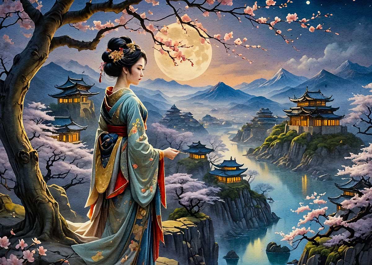'Geisha Feeding Koi Fish ' Poster, picture, metal print, paint by Peter ...