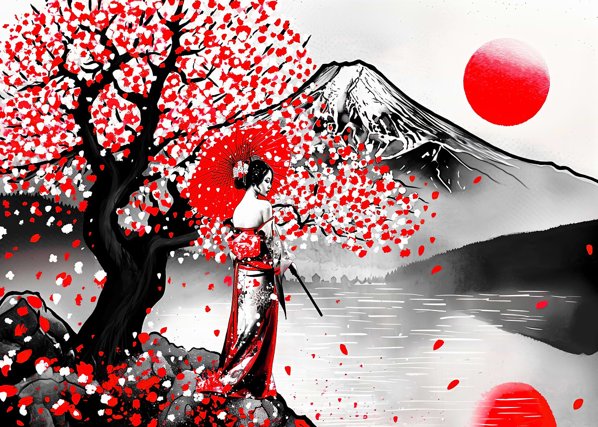 'Serene Japan Red moon Art' Poster, picture, metal print, paint by ...