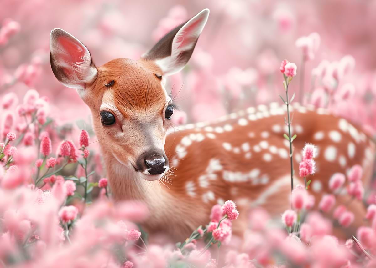 'Cute Baby Fawn In Blossoms' Poster, picture, metal print, paint by ...