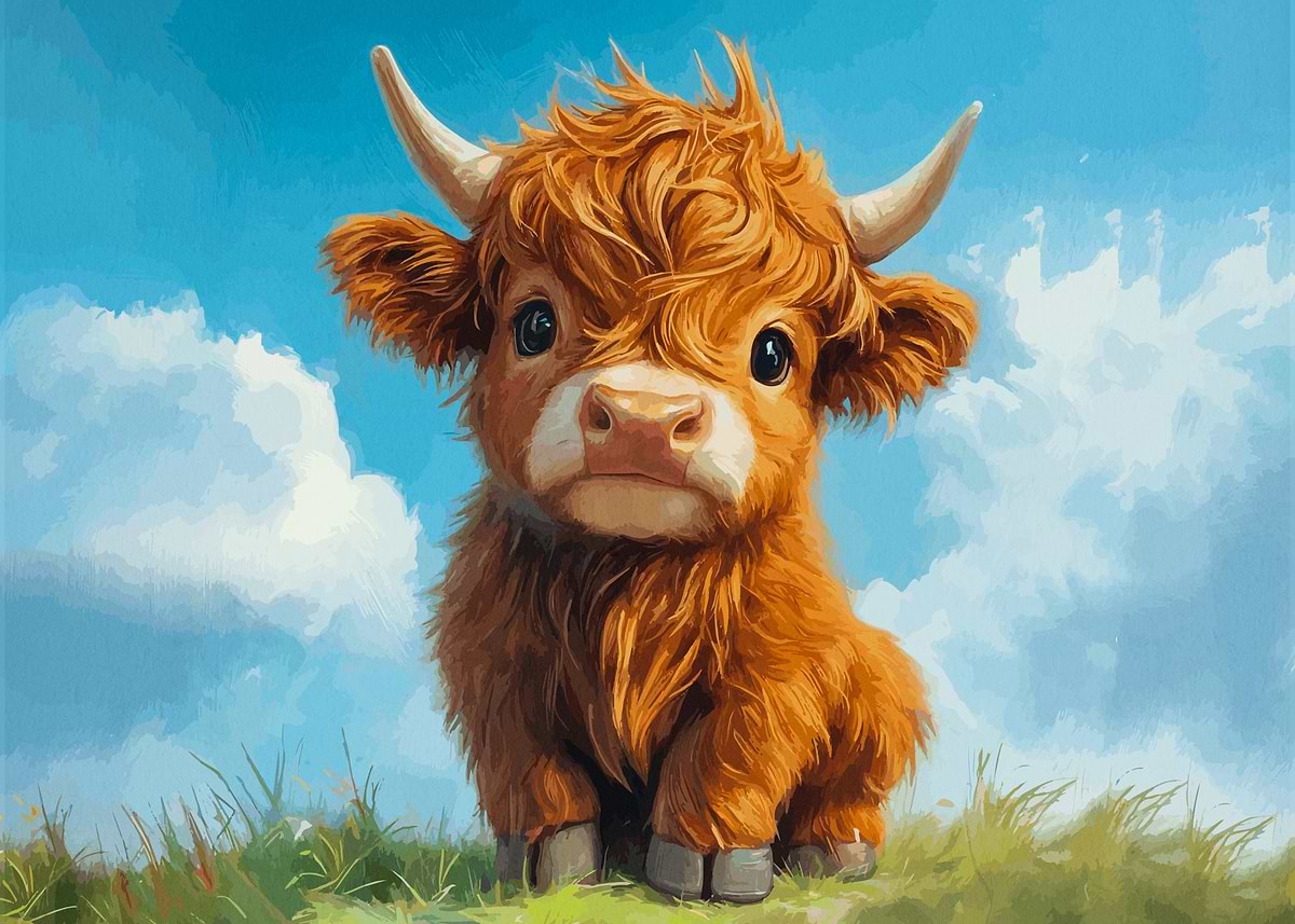 'Cute Highland Cow Calf' Poster, picture, metal print, paint by ...