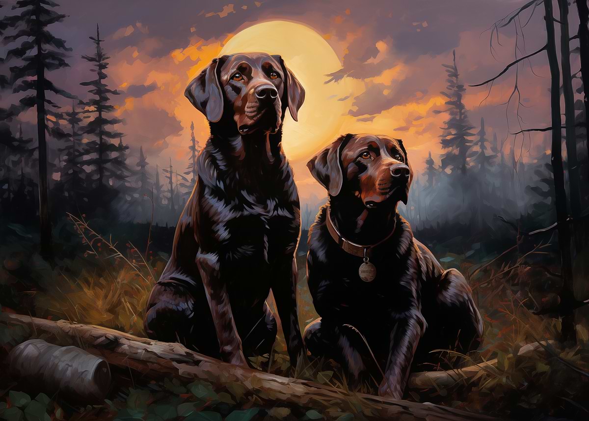 'Chocolate Labradors at Sunset' Poster, picture, metal print, paint by ...