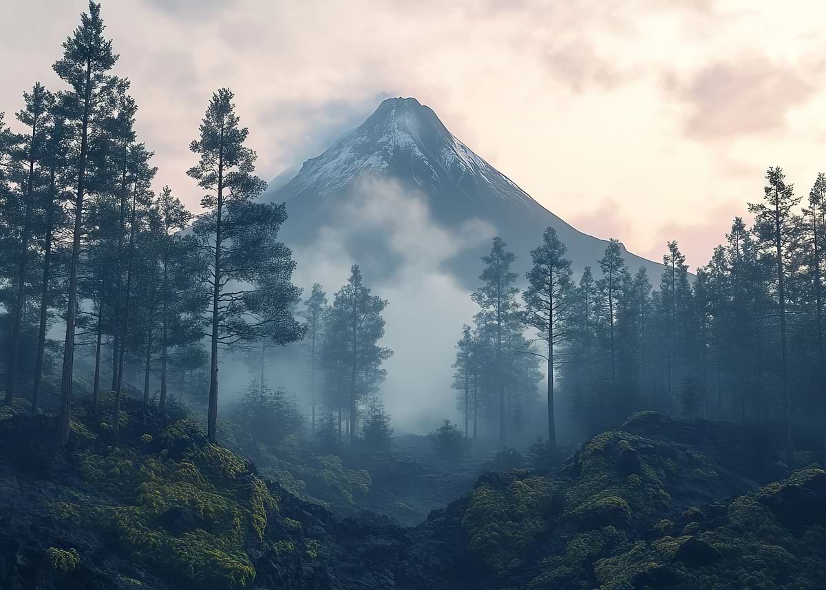 'Volcano Misty Mountain Forest' Poster, picture, metal print, paint by ...