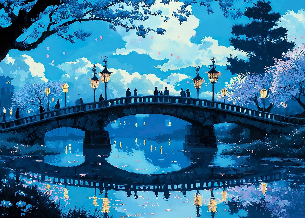 'Nighttime Bridge with Lanterns' Poster, picture, metal print, paint by ...