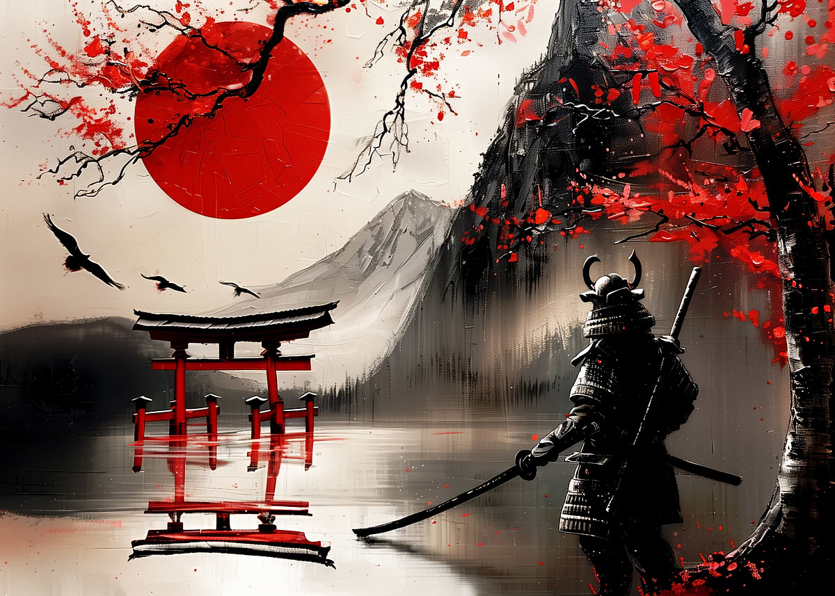 'Samurai red moon ' Poster, picture, metal print, paint by Simon Darren ...