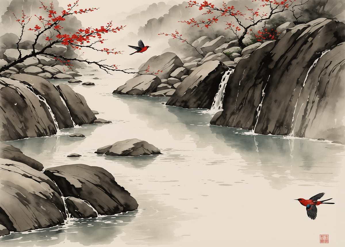 'Waterfall Serenity' Poster, picture, metal print, paint by ZINE EDDINE ...