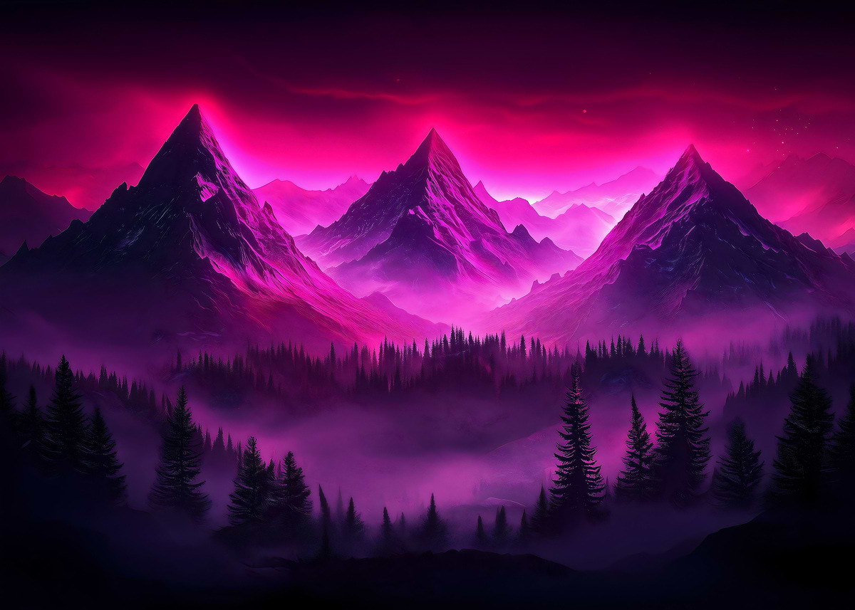 'Neon mountain sunset' Poster, picture, metal print, paint by Rana ...