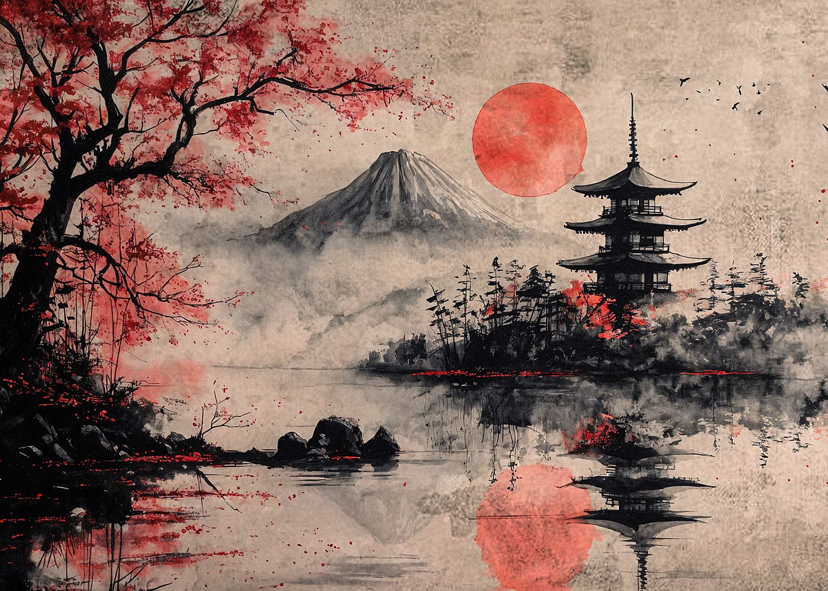 'Japanese Pagoda Landscape' Poster, picture, metal print, paint by ...