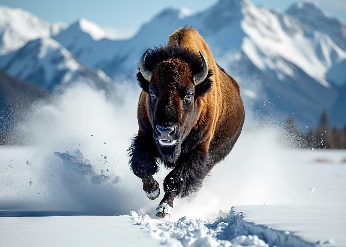 'Bison Running Through the Snow' Poster, picture, metal print, paint by ...