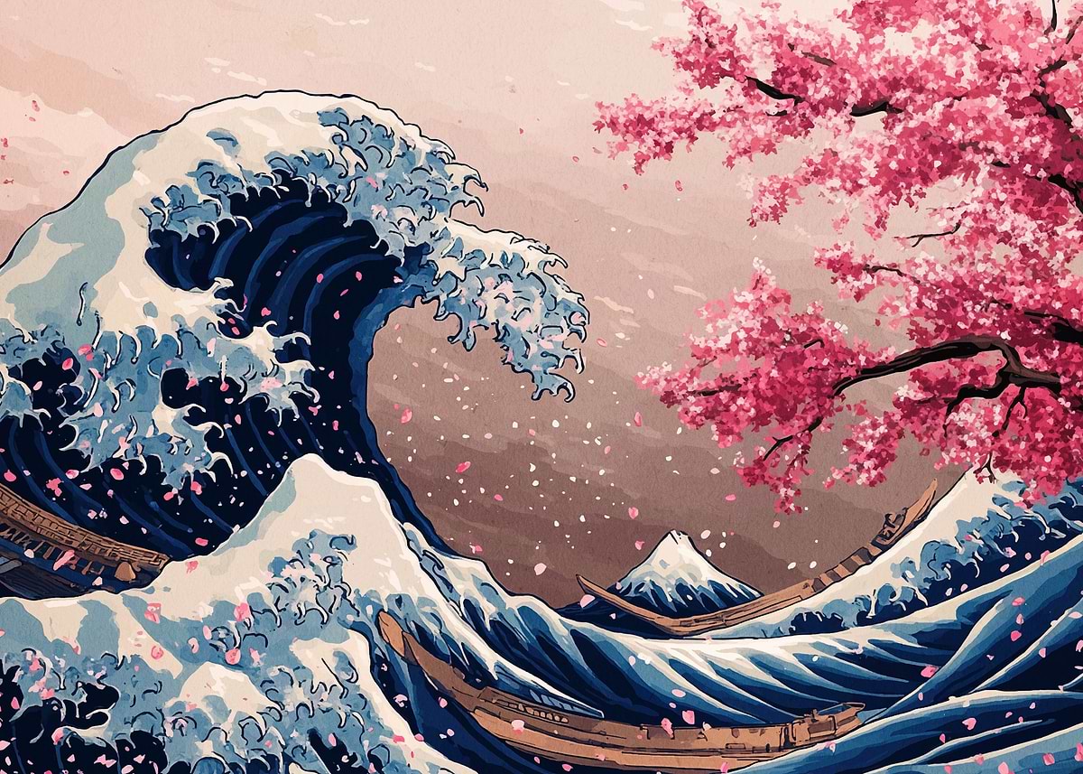 'Great Wave & Cherry Blossoms' Poster, picture, metal print, paint by ...