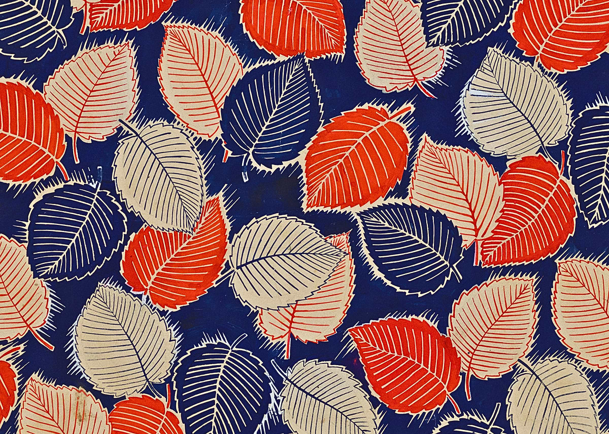 'Blue, Red, and White Leaf Pattern' Poster, picture, metal print, paint ...