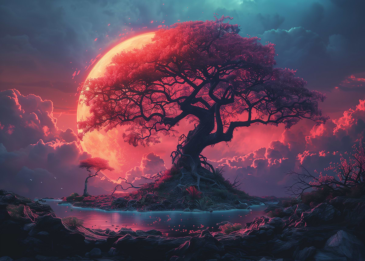 'Red Moon Tree' Poster, picture, metal print, paint by oliver734 | Displate