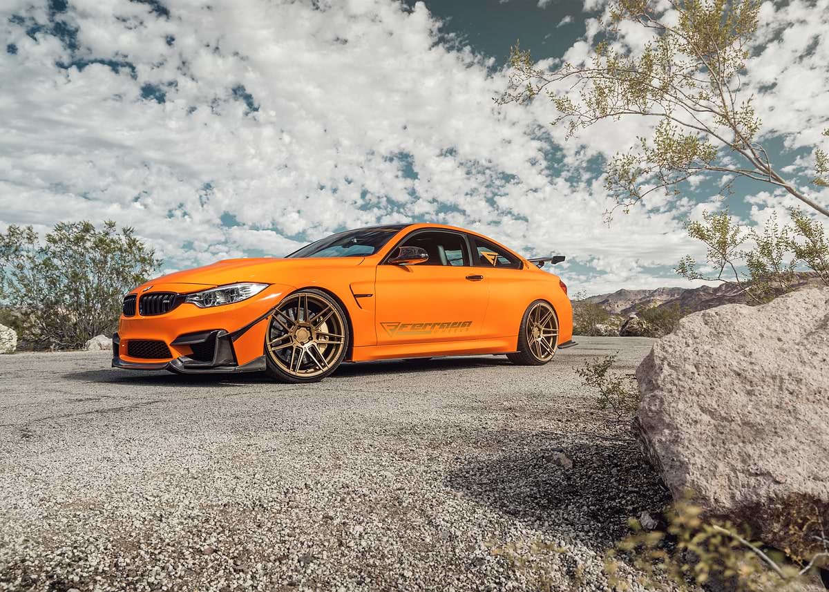 'Orange BMW M4 with Gold Wheels' Poster, picture, metal print, paint by ...