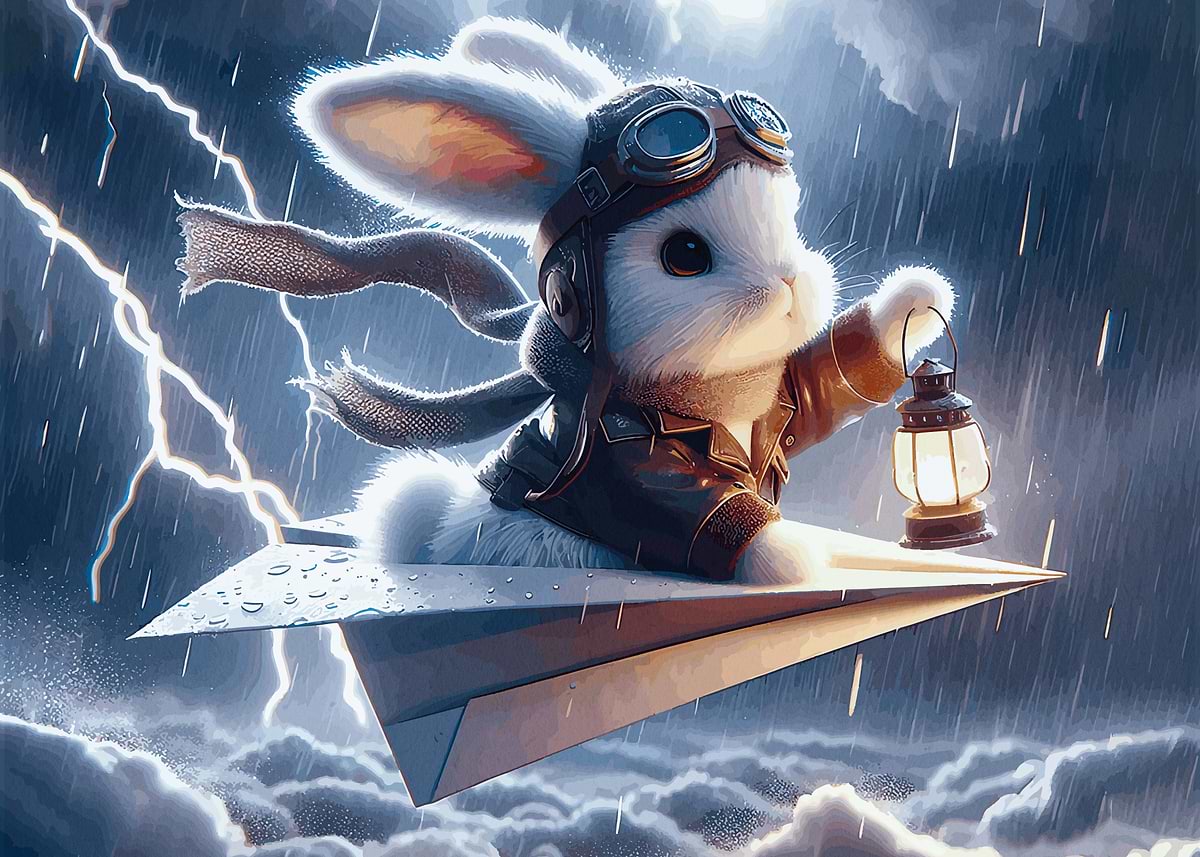 'Bunny Pilot in Storm' Poster, picture, metal print, paint by Mariano Mayert | Displate