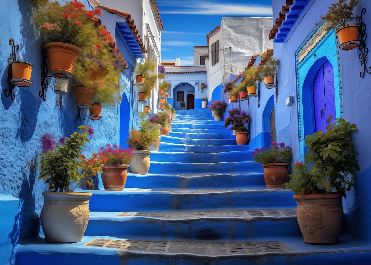 'Blue City Steps Morocco' Poster, picture, metal print, paint by sanoi ...