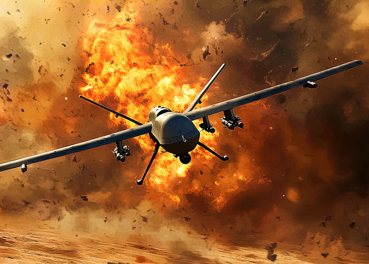 'Drone in Explosion' Poster, picture, metal print, paint by Dolly Riley ...