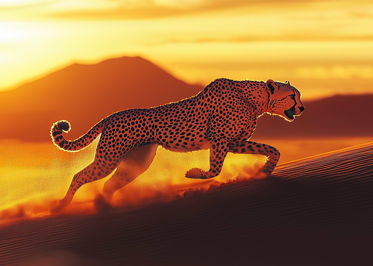 'Cheetah Running at Sunset' Poster, picture, metal print, paint by ...