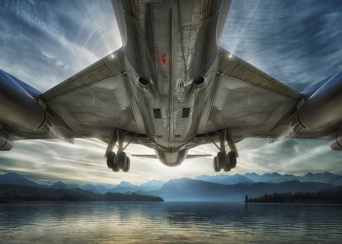 'Airplane Landing Over Water' Poster, picture, metal print, paint by ...