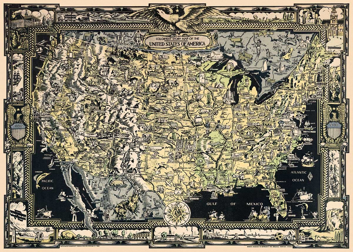 'Vintage US Story Map' Poster, picture, metal print, paint by Sam Kal ...