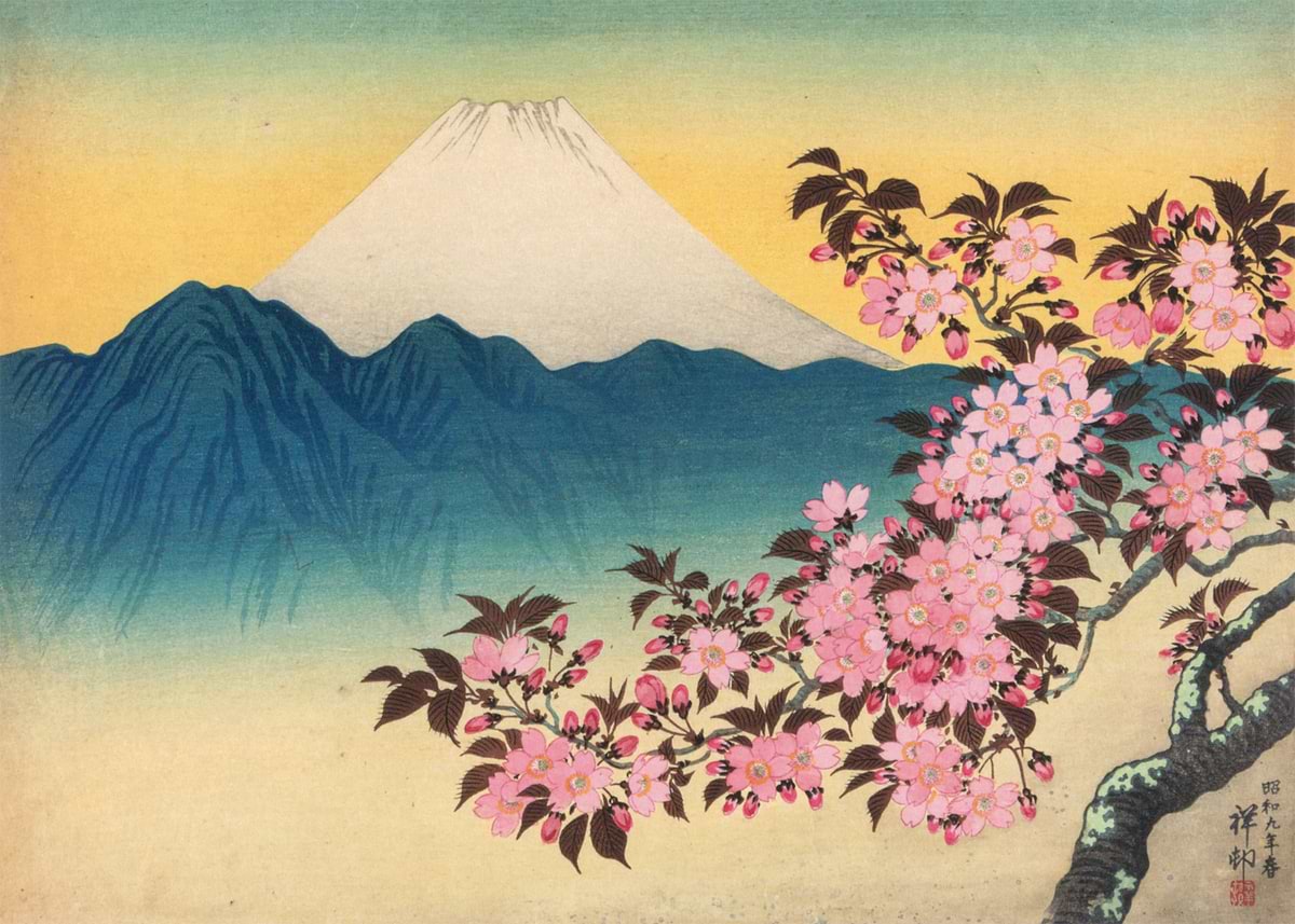 'Mount Fuji with Cherry Blossoms' Poster, picture, metal print, paint ...