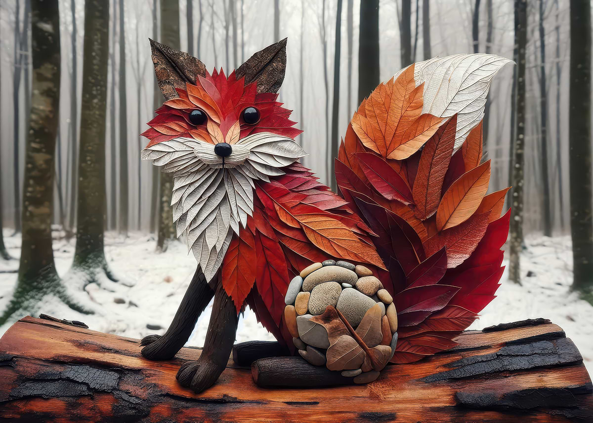'Leaf Fox Sculptureb in Snowy Forest' Poster, picture, metal print ...