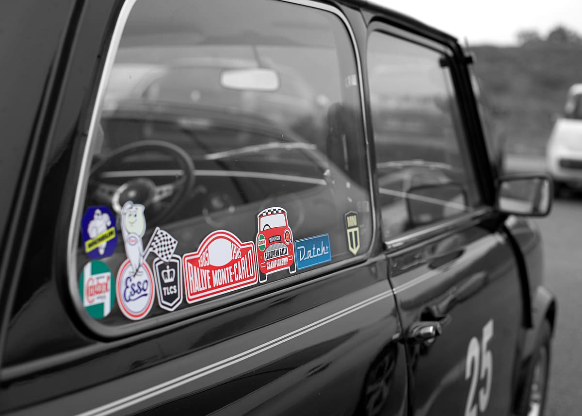 'Classic Mini Cooper with Stickers' Poster, picture, metal print, paint ...