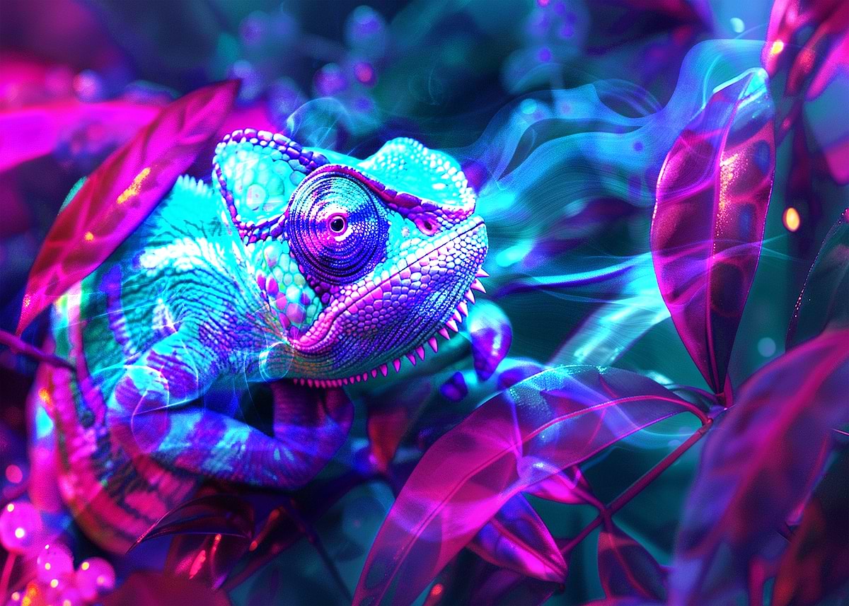 'Chameleon in Neon Jungle' Poster, picture, metal print, paint by ...