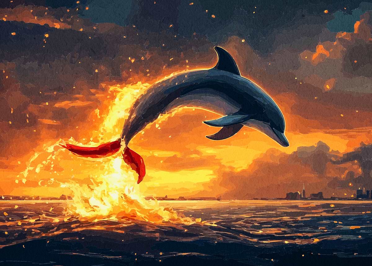 'Fire Dolphin Sunset' Poster, picture, metal print, paint by Janel ...