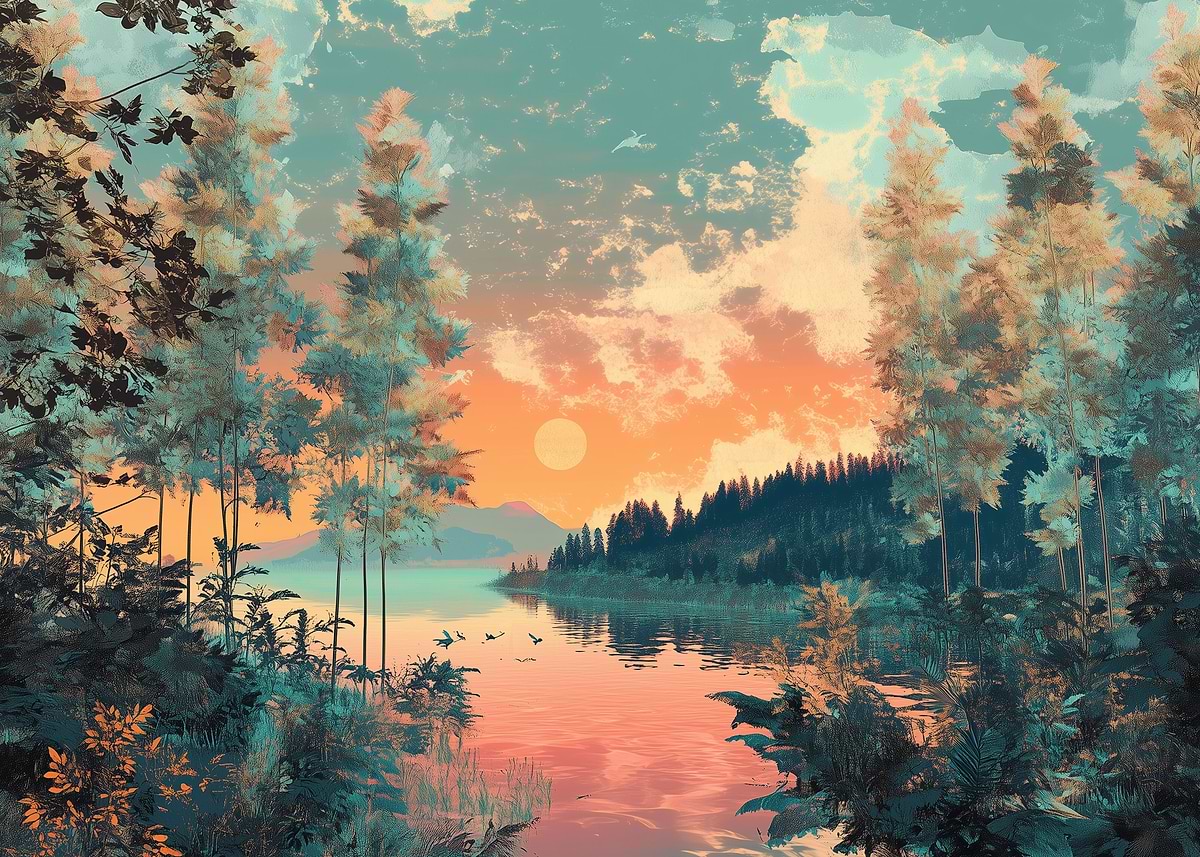 'Sunset Lake Landscape' Poster, picture, metal print, paint by Luna ...