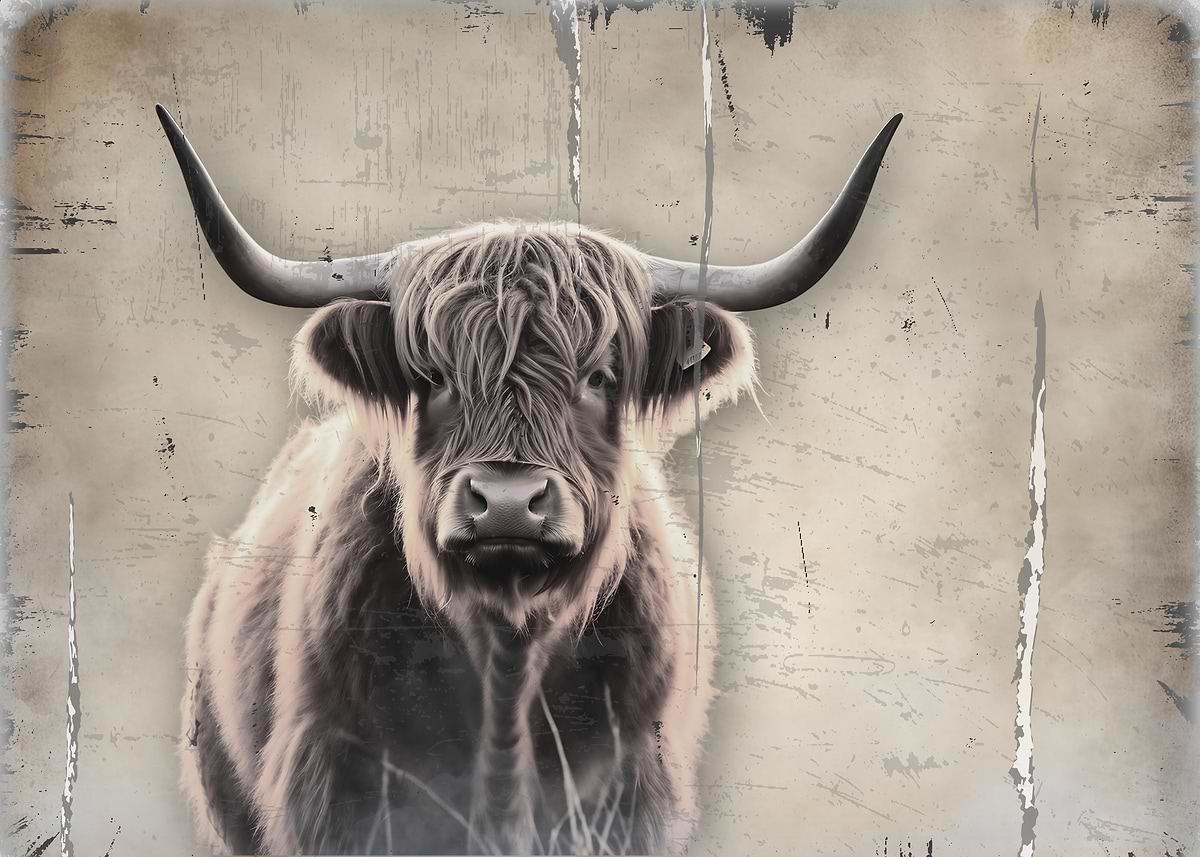'Highland Cow on Grunge Distressed Background' Poster, picture, metal ...