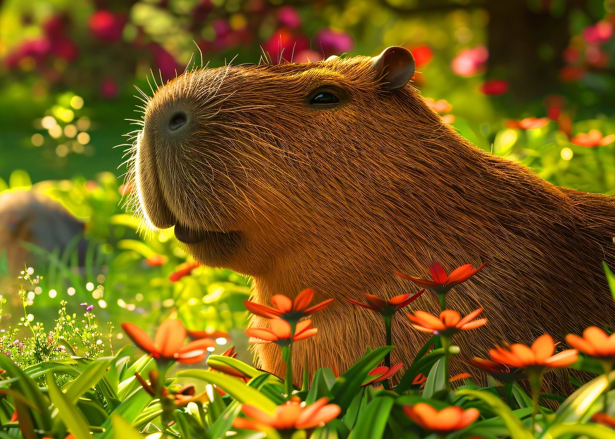 'Capybara in Flowers' Poster, picture, metal print, paint by Rupert ...