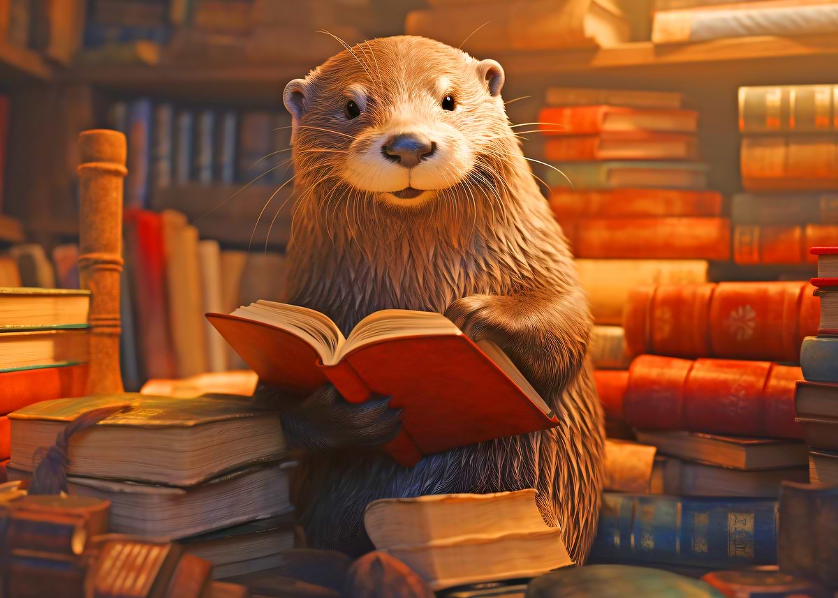 'Otter Reading in Library' Poster, picture, metal print, paint by ...
