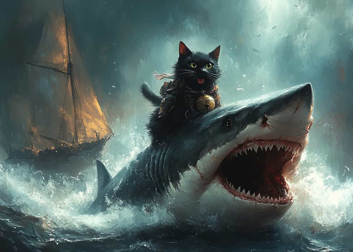 'Black Cat Riding Shark Funny' Poster, picture, metal print, paint by ...