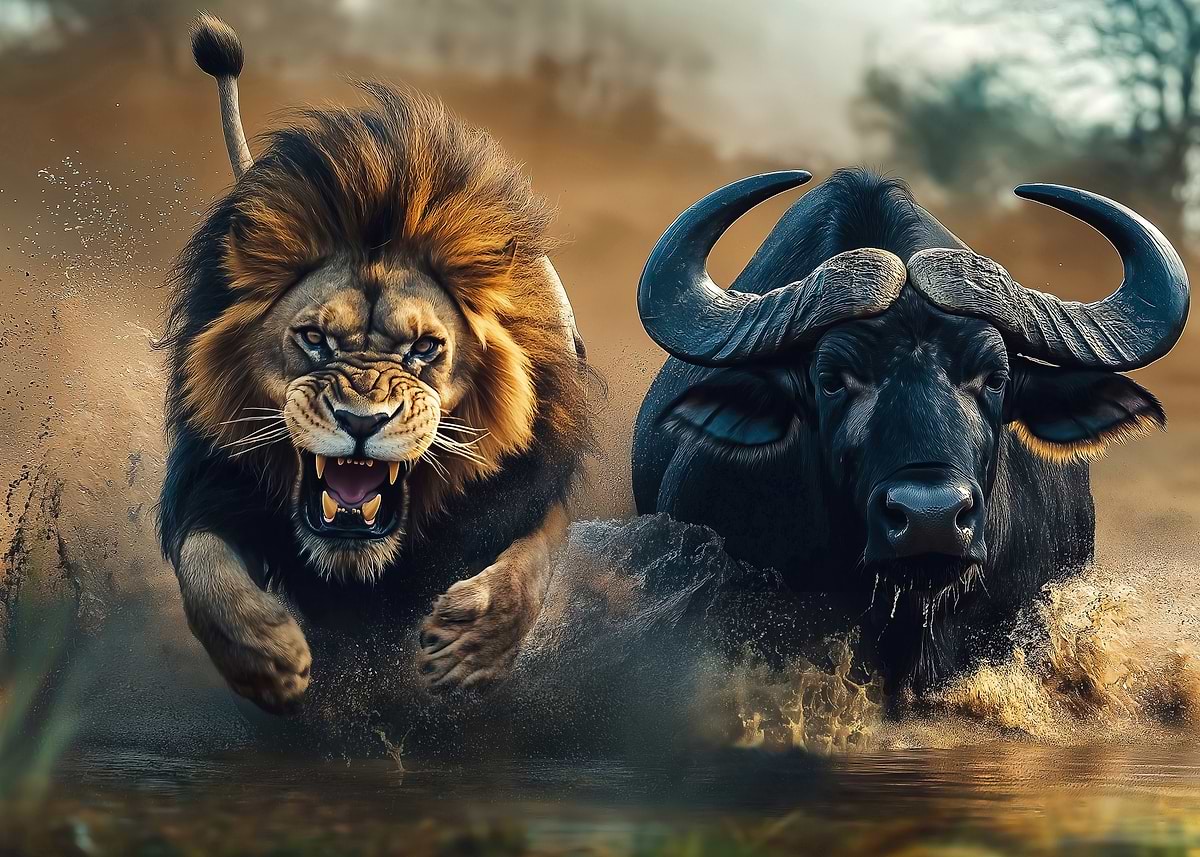'The Powerful African lion chasing buffalo - Wildlife photo' Poster ...
