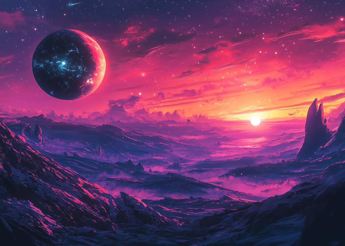 'Alien Sunset Landscape' Poster, picture, metal print, paint by Luna ...