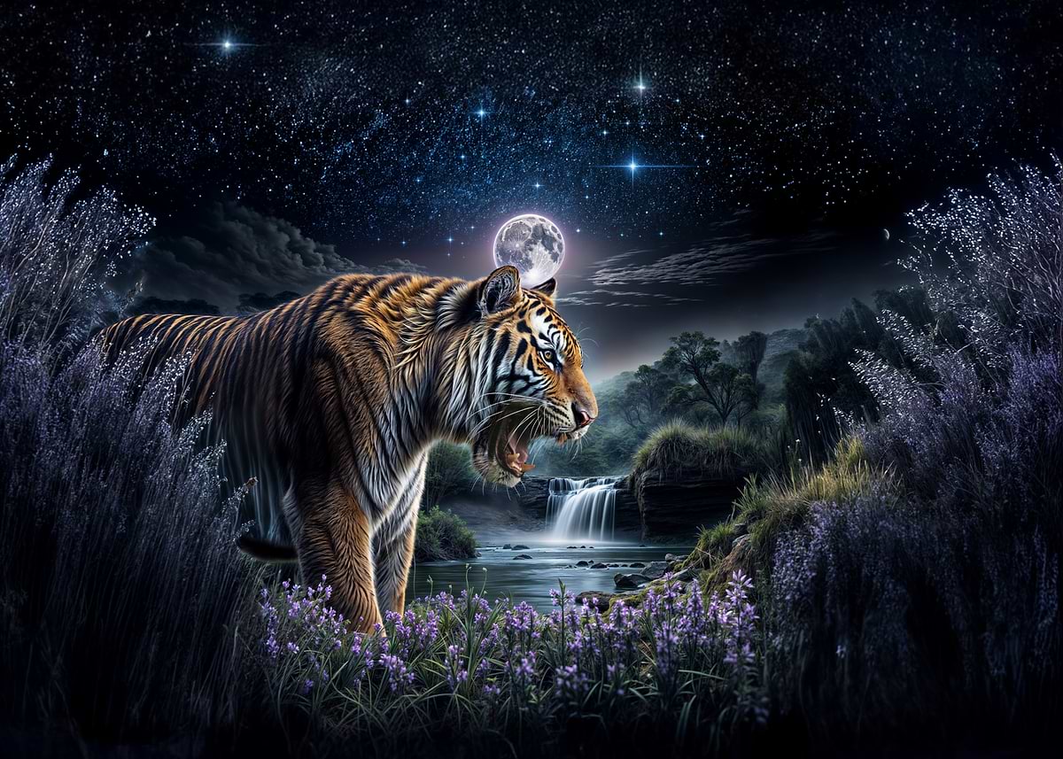 'Tiger Under Moonlight' Poster, picture, metal print, paint by Shibuz4 ...