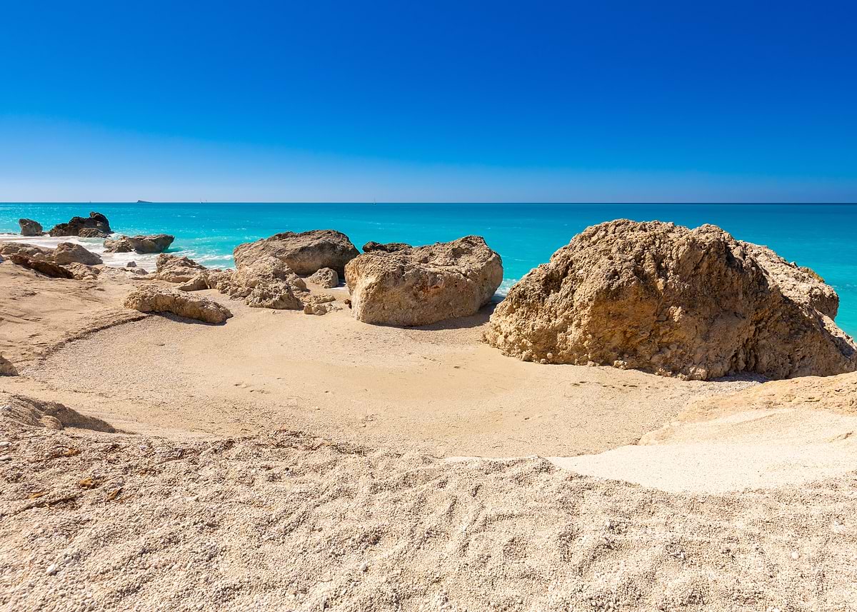 'Sandy Beach with Rocks, Lefkada, Greek Island' Poster, picture, metal ...