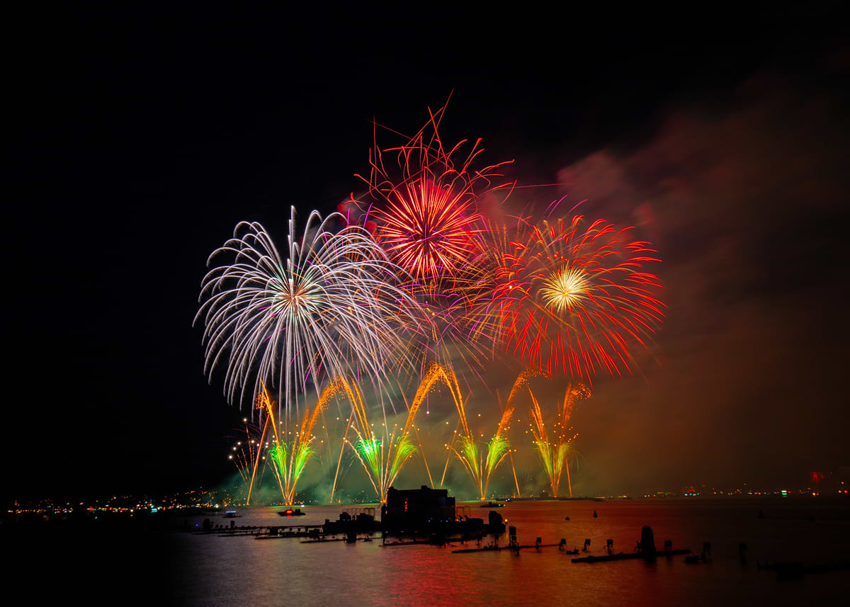 'Fireworks Display Over Water' Poster, picture, metal print, paint by ...