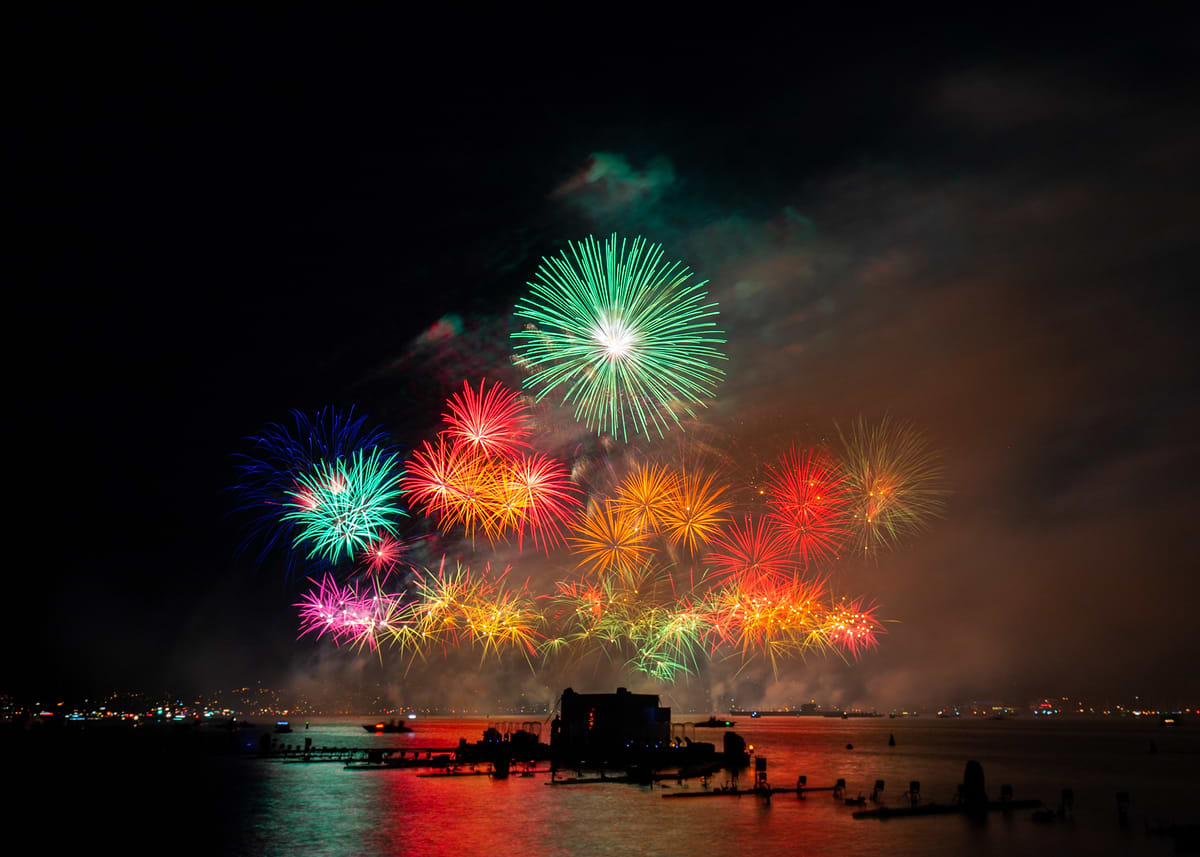 'Fireworks Display Over Water' Poster, picture, metal print, paint by ...