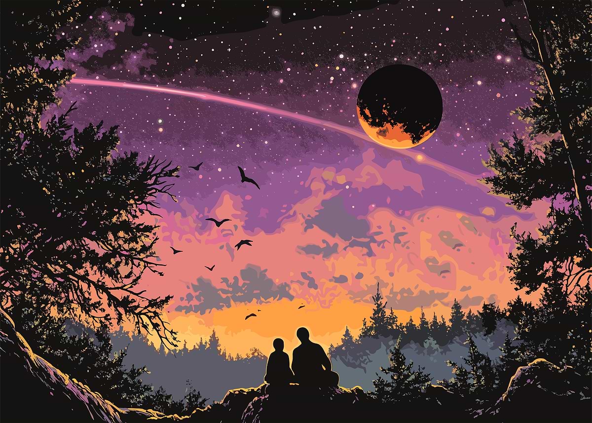 'Silhouettes Under a Cosmic Sky' Poster, picture, metal print, paint by ...