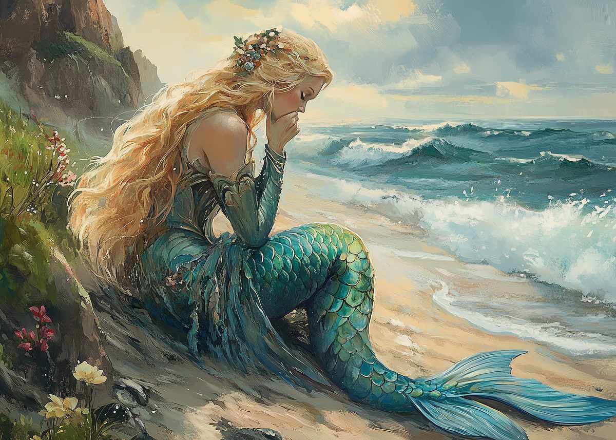 'Mermaid on the Shore' Poster, picture, metal print, paint by ...