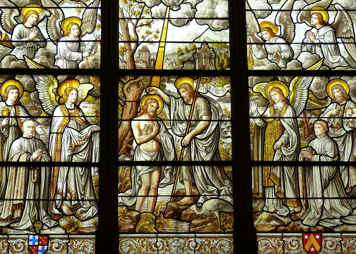 'Stained Glass Jesus Baptism Scene' Poster, picture, metal print, paint ...